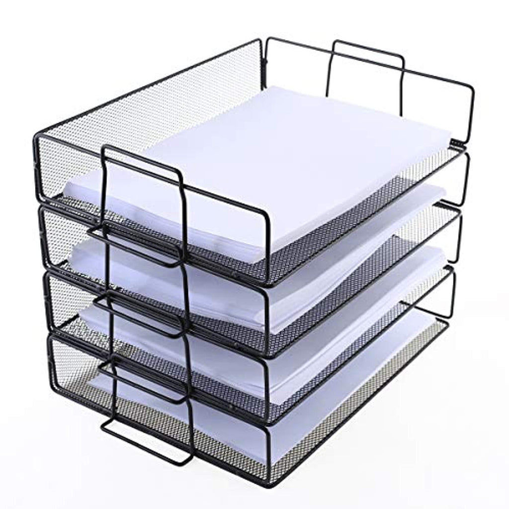 4 Tier Stackable Paper Tray - Metal Mesh Office File Organizer for Des ...
